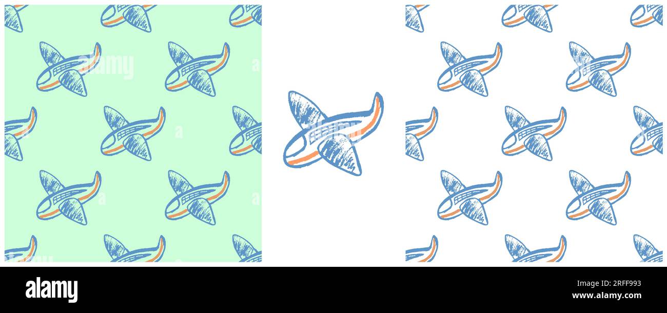 Air transport seamless pattern. Set drawings with wax crayons. Planes ...