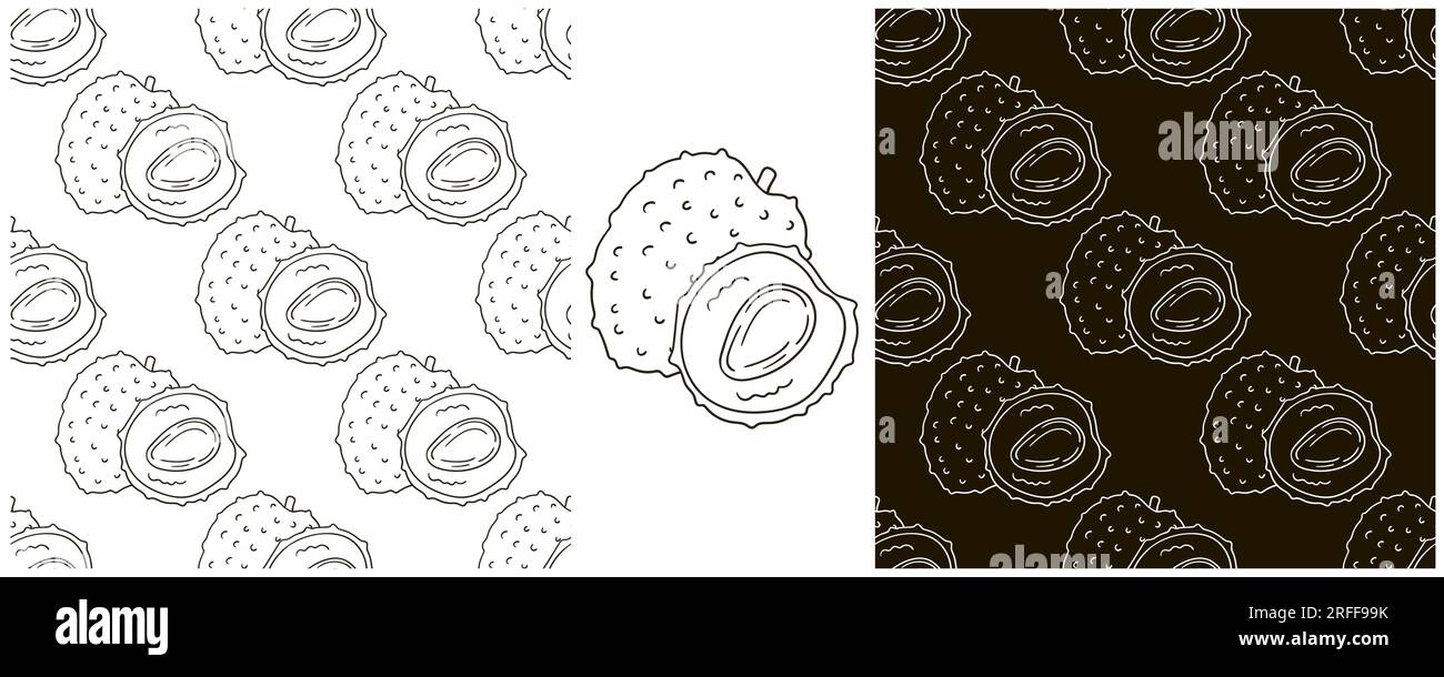 Litchi. Seamless pattern with tropical fruits. Set in hand draw style ...