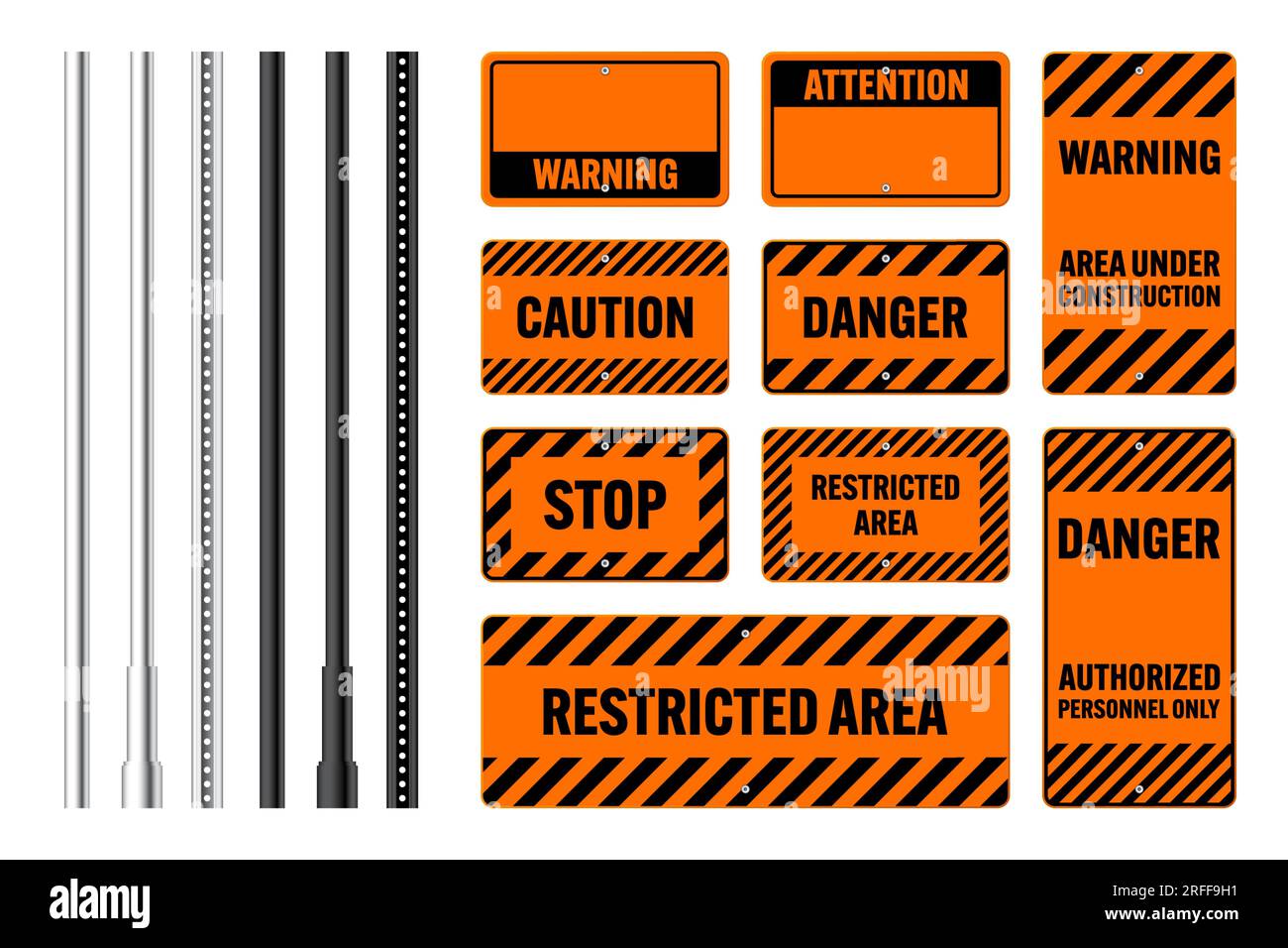 Warning, danger signs, attention banners with metal poles. Orange ...