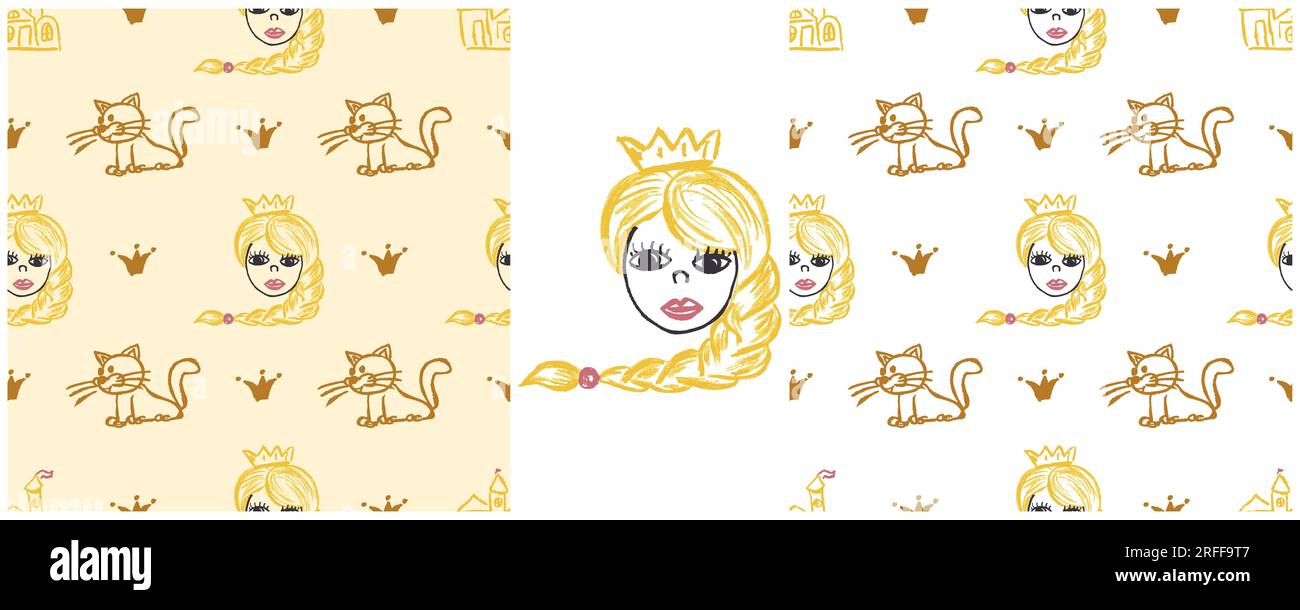 Fairytale seamless pattern. Princess. Set drawings with wax crayons ...
