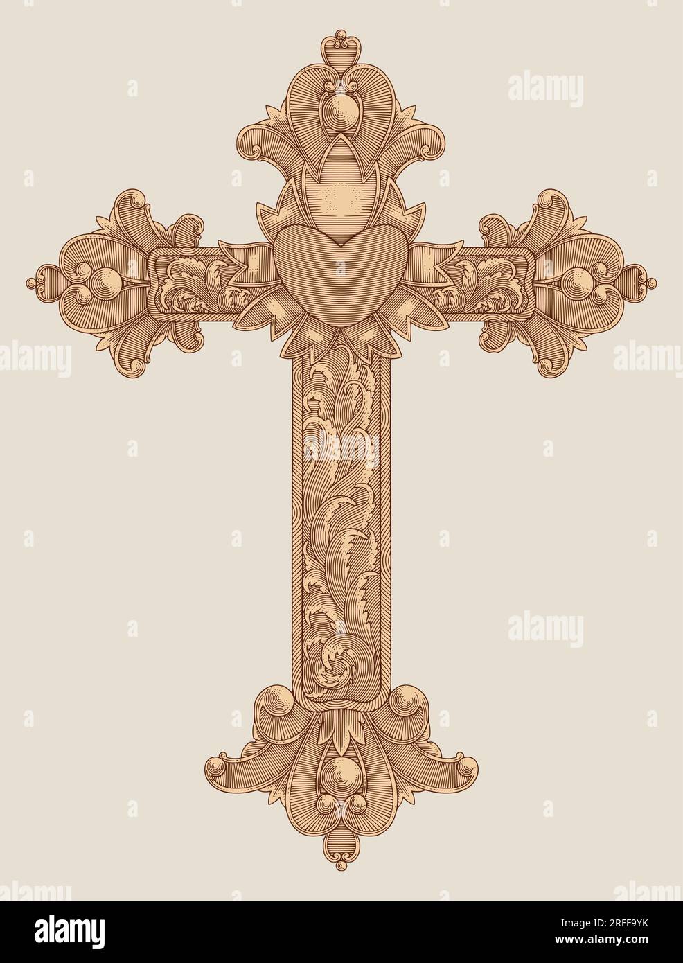 Golden Christian wooden cross with heart and floral ornamental. Easter ...