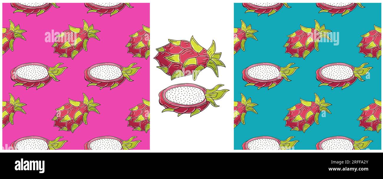 Seamless pattern with tropical fruits. Dragon fruit, pitaya. Color Set ...