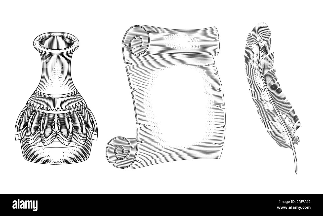 Ink bottle and pen illustration Black and White Stock Photos & Images ...