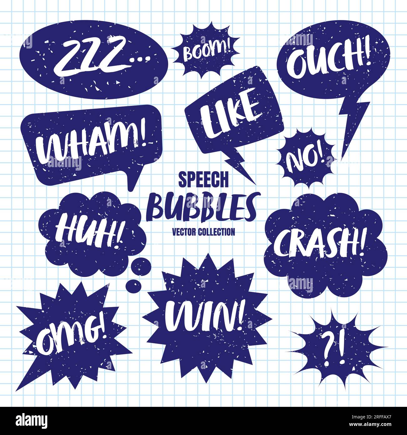 Hand drawn comic speech bubbles on checkered paper sheet. School ...