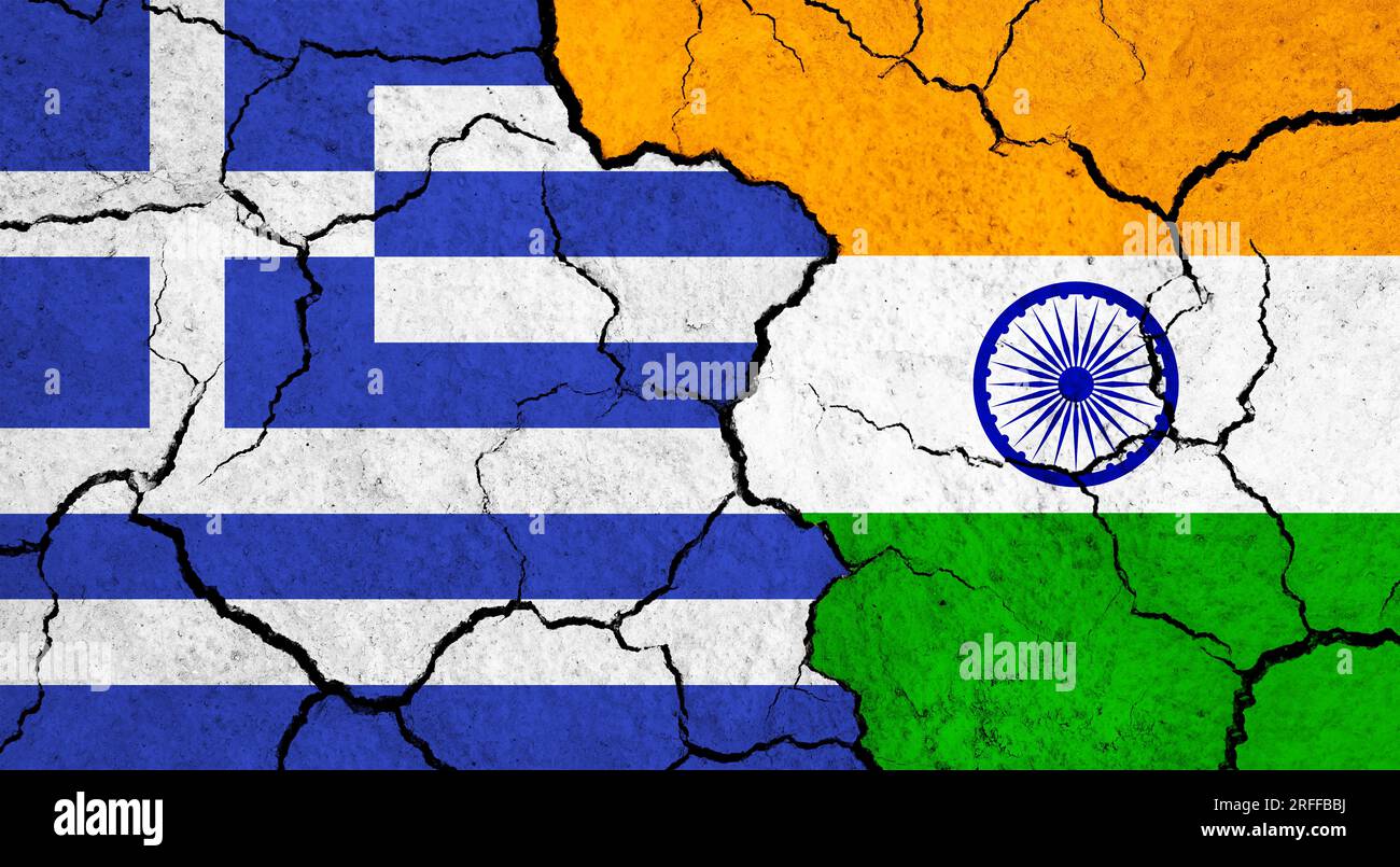 Flags of Greece and India on cracked surface - politics, relationship ...
