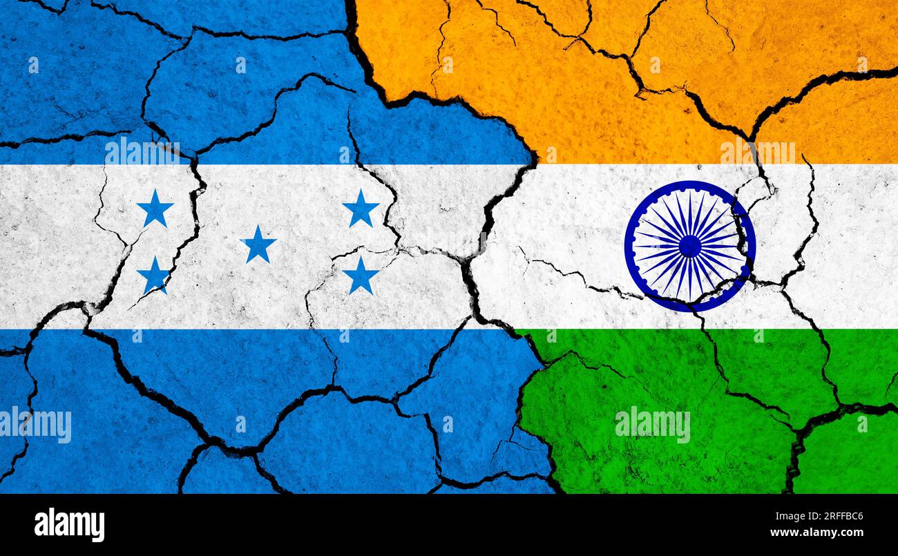 Flags of Honduras and India on cracked surface - politics, relationship ...