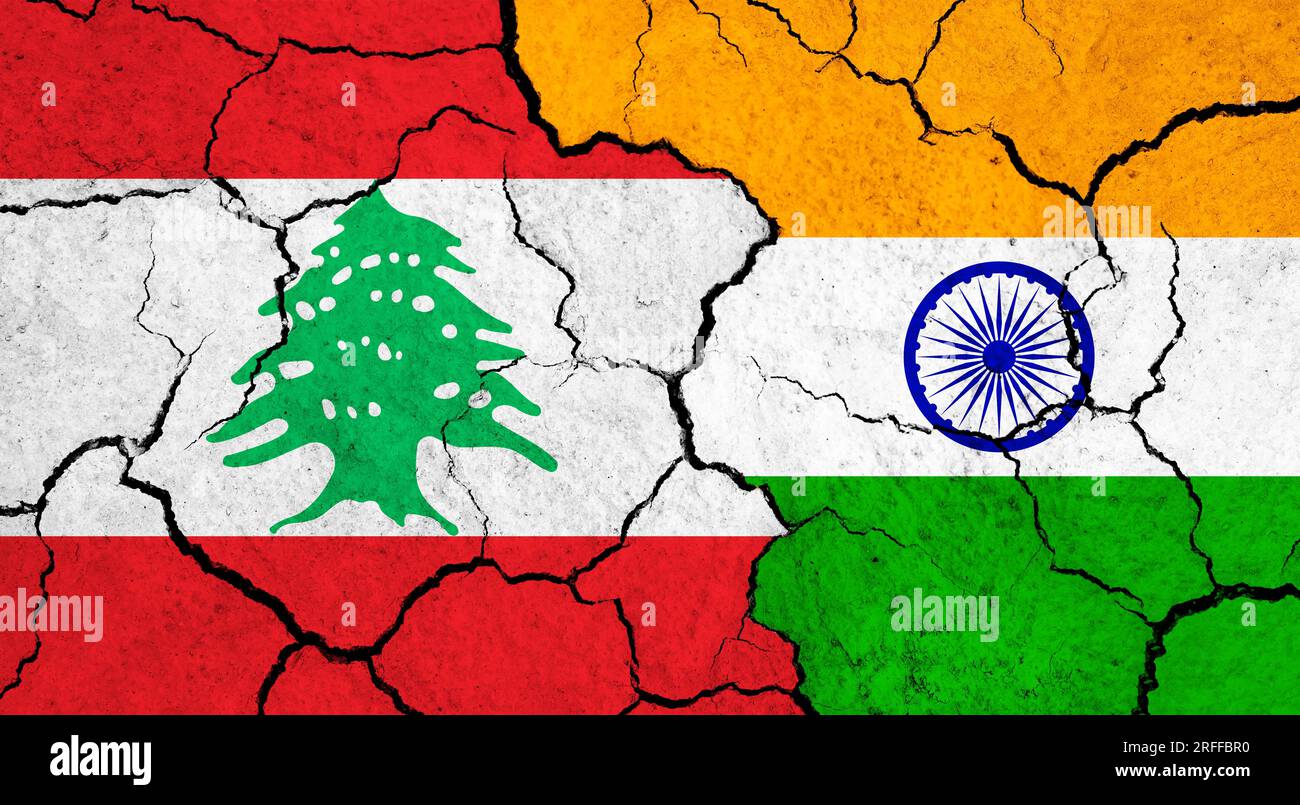 Flags of Lebanon and India on cracked surface - politics, relationship ...
