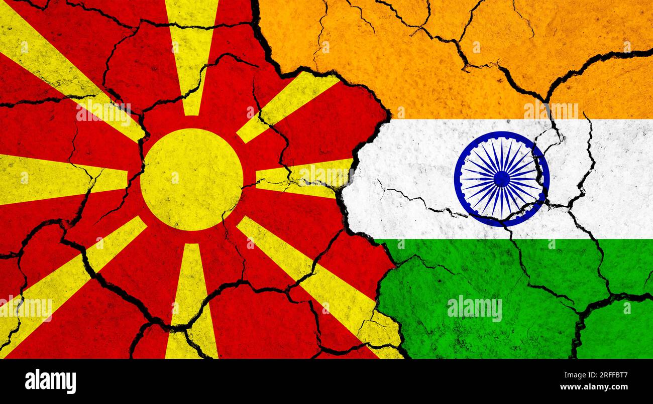 Flags of Macedonia and India on cracked surface - politics ...