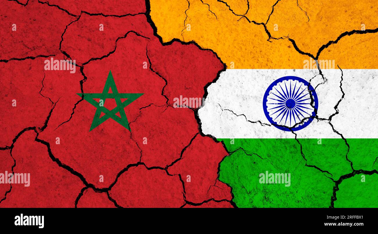 Flags of Morocco and India on cracked surface - politics, relationship ...