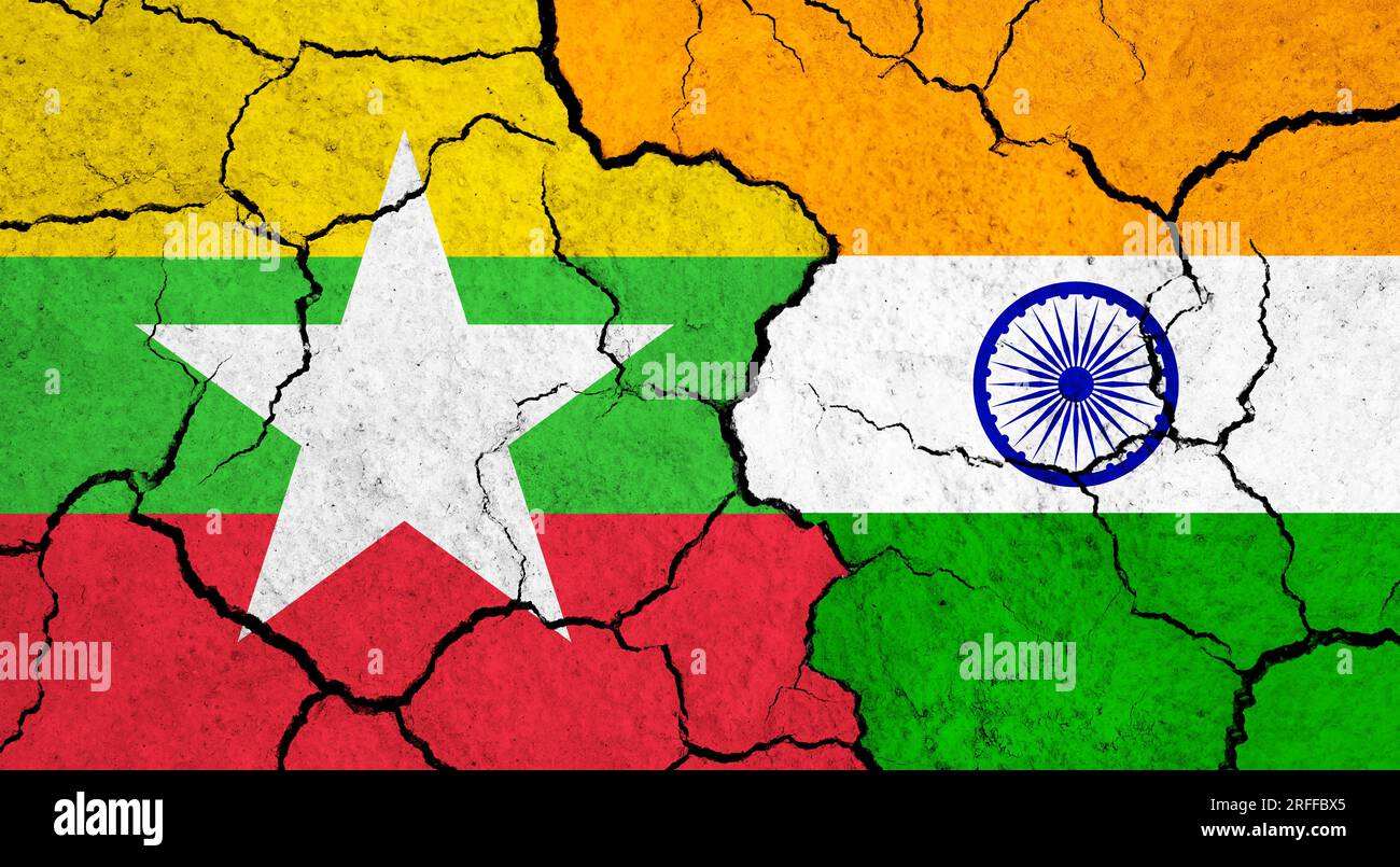 Flags of Myanmar and India on cracked surface - politics, relationship ...