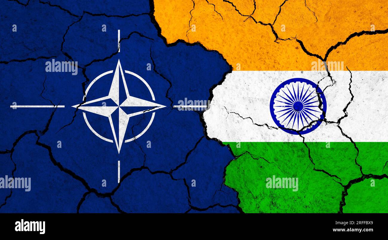 Flags of NATO and India on cracked surface - politics, relationship ...