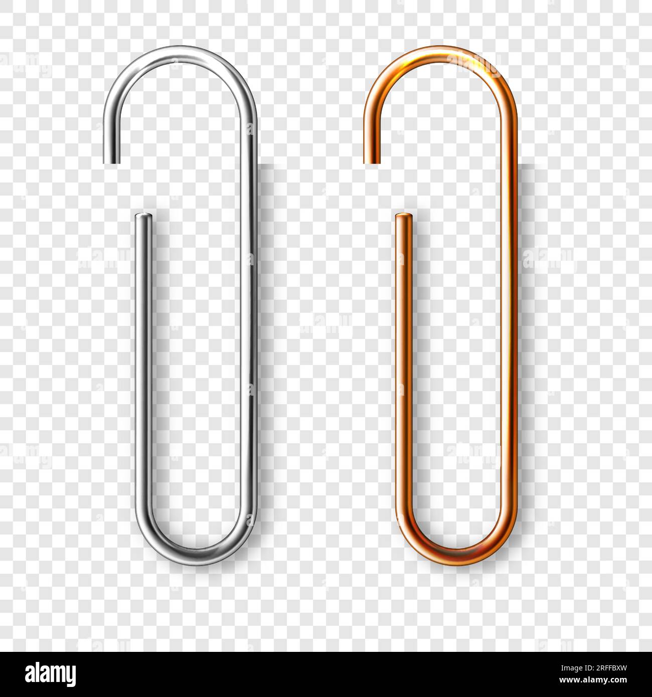 Realistic copper and steel paperclips attached to paper. Shiny metal ...