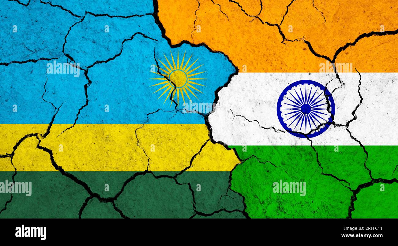 Flags of Rwanda and India on cracked surface - politics, relationship ...