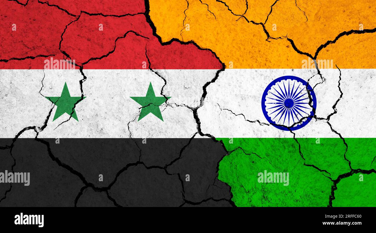 Flags of Syria and India on cracked surface - politics, relationship ...