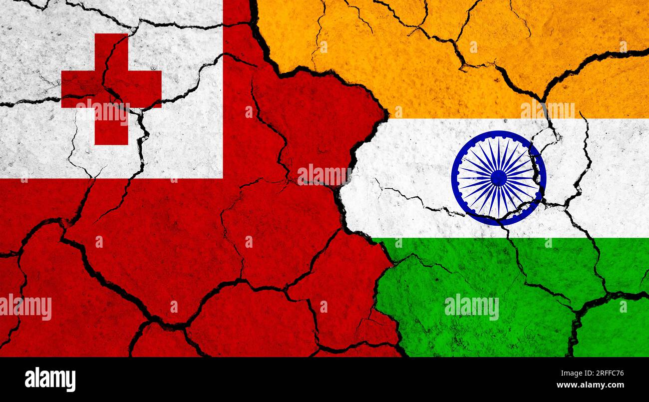 Flags of Tonga and India on cracked surface - politics, relationship ...