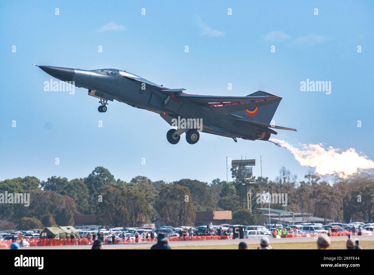 RAAF F-111 aircraft flying on full afterburner at the Newcastle Airshow ...