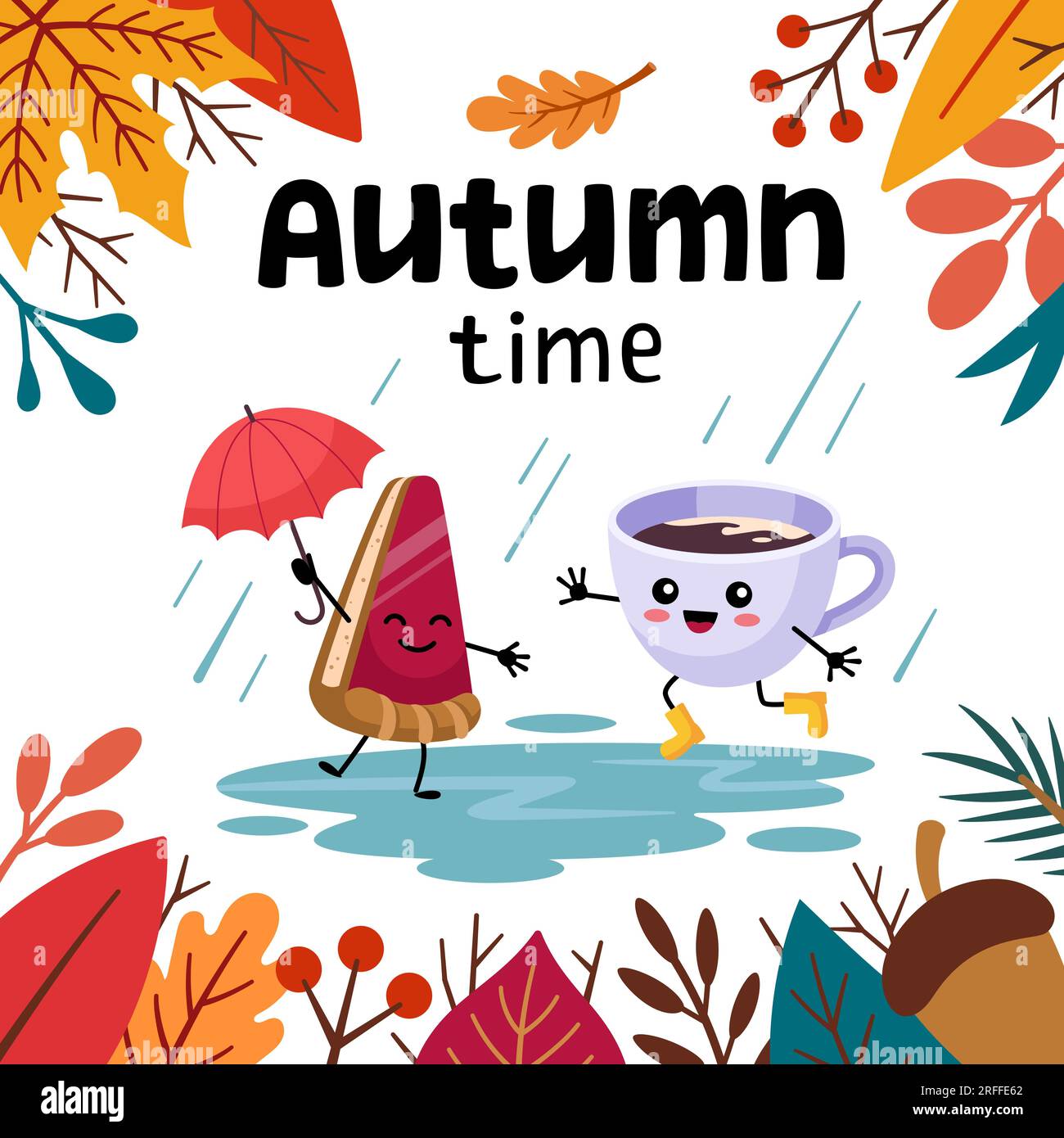 Hello autumn cozy postcard. Autumn time lettering. Happy piece of Pie ...