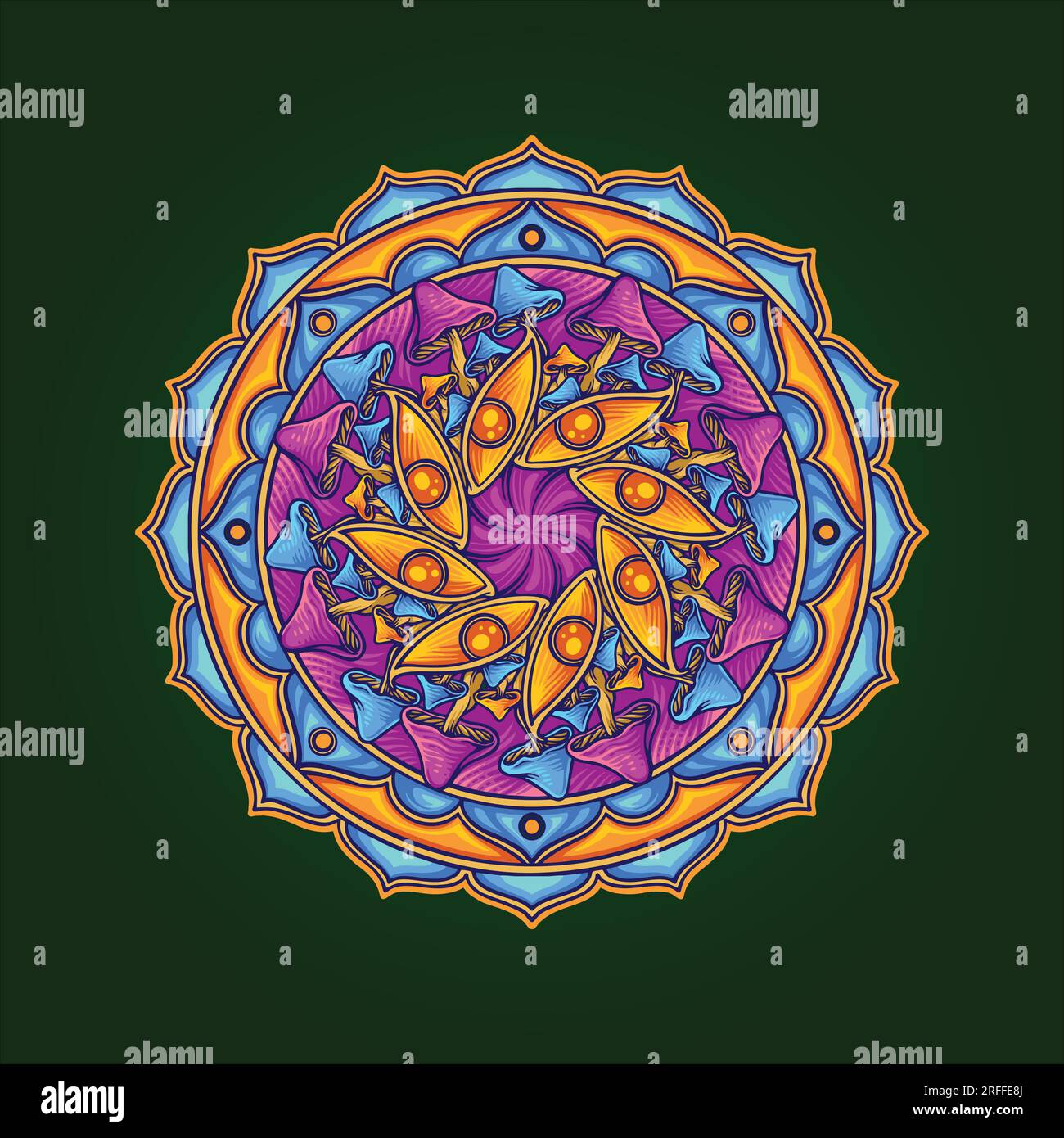 Enchanting psychedelic mushroom mandala ornament vector illustrations ...