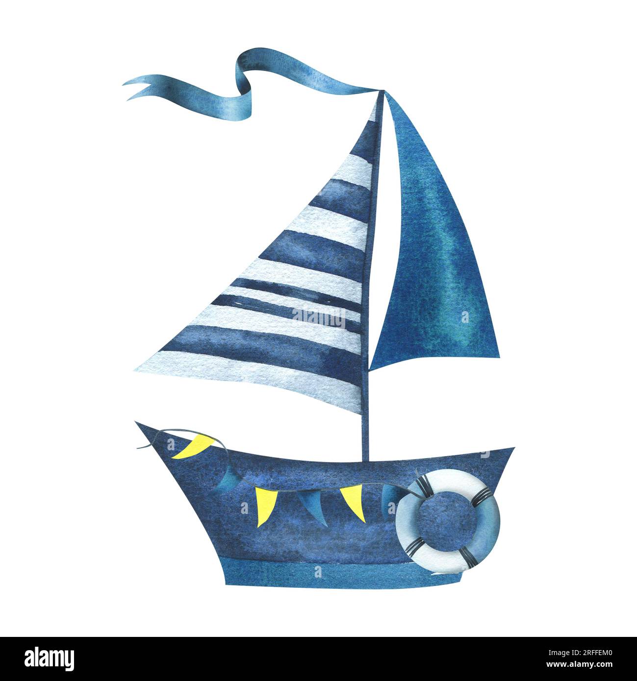 Nice blue boat with straped sails, garland flags, life buoy, ribbon ...