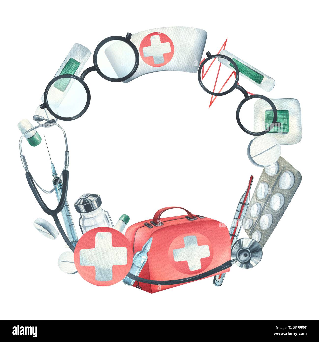 Red medical case, first aid kit with stethoscope, injections, plaster ...