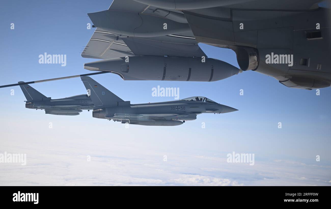 Keflavik, Iceland. 03rd Aug, 2023. Two Eurofighters fly over Iceland ...