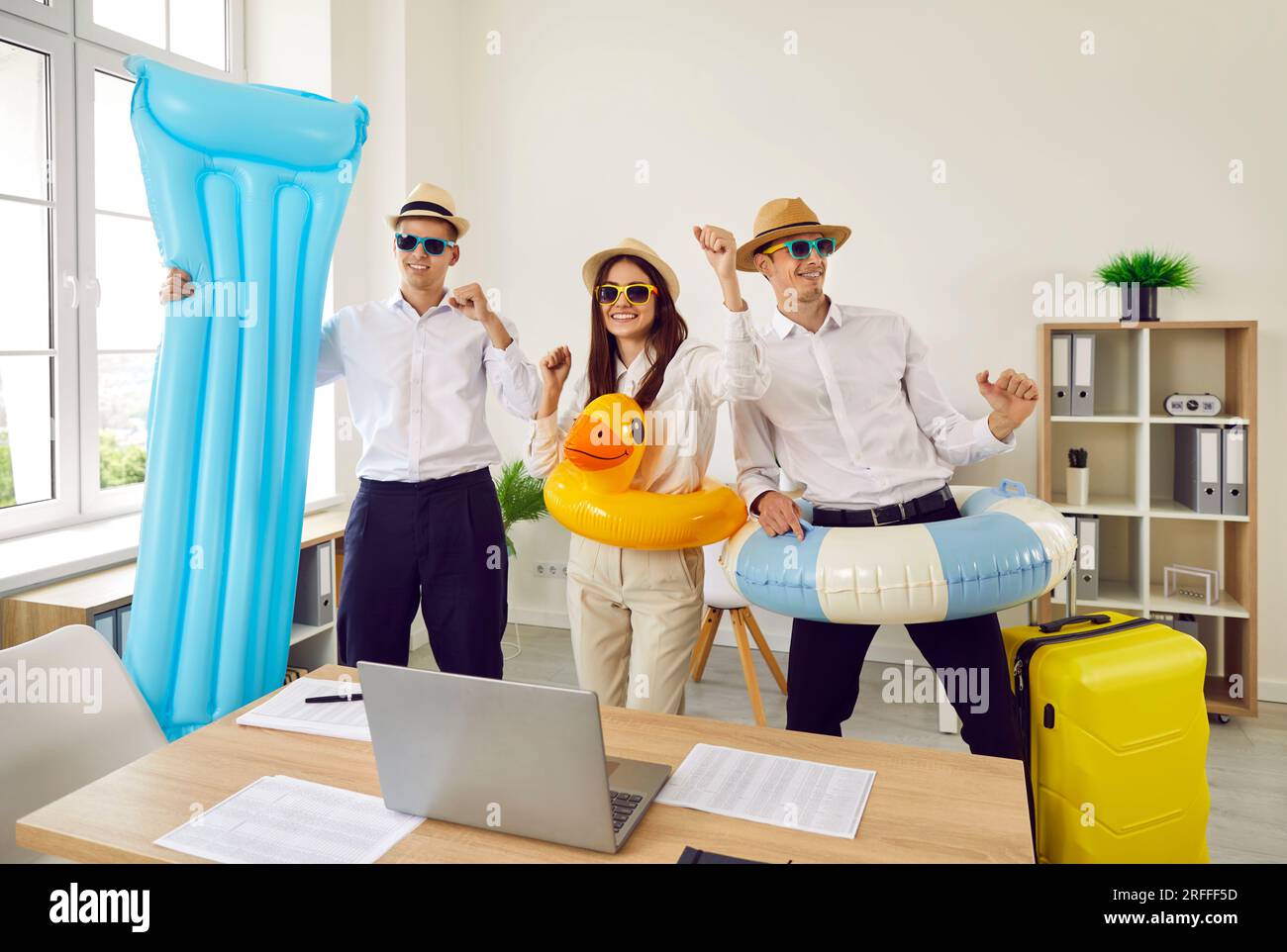 Happy team of office workers and colleagues is going on long-awaited ...