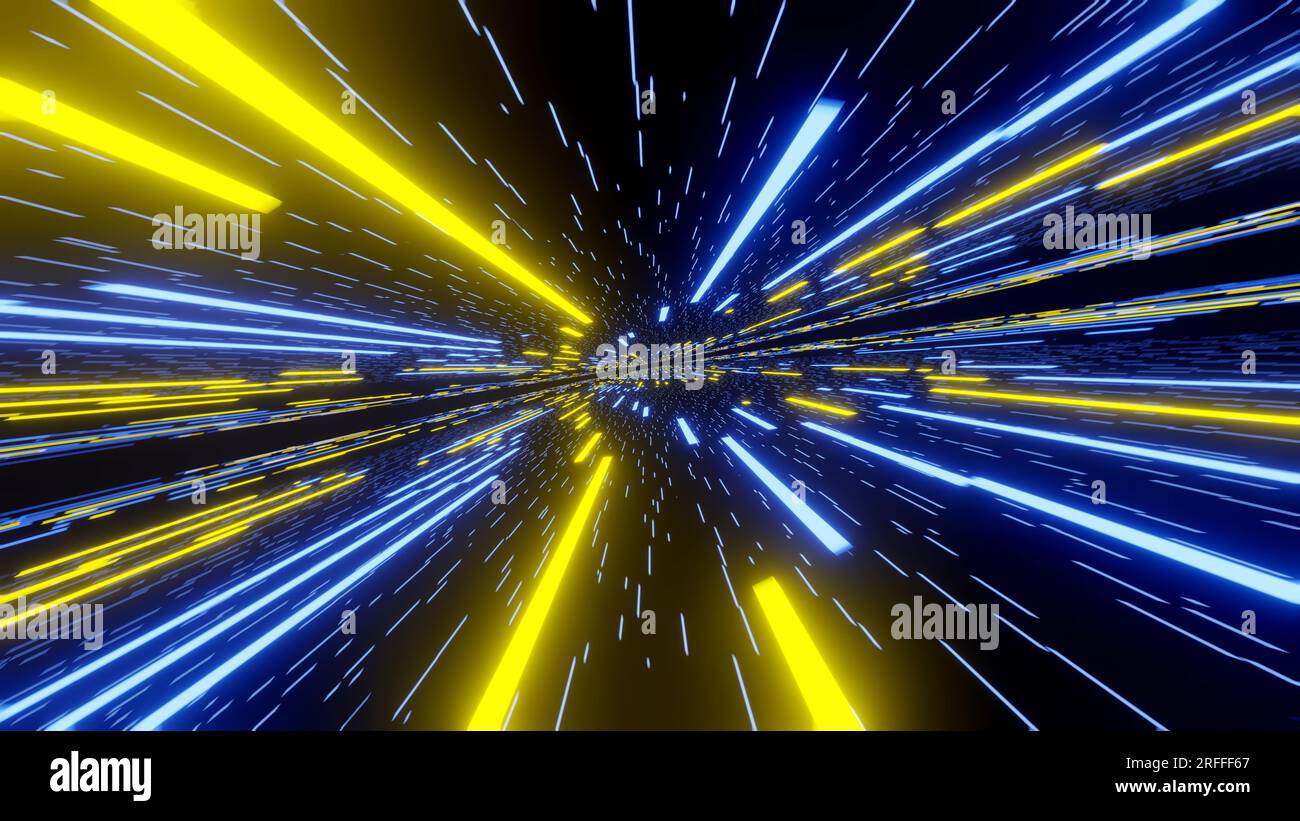 Trek in space at super speeds, motion blur effect. Blue and yellow ...