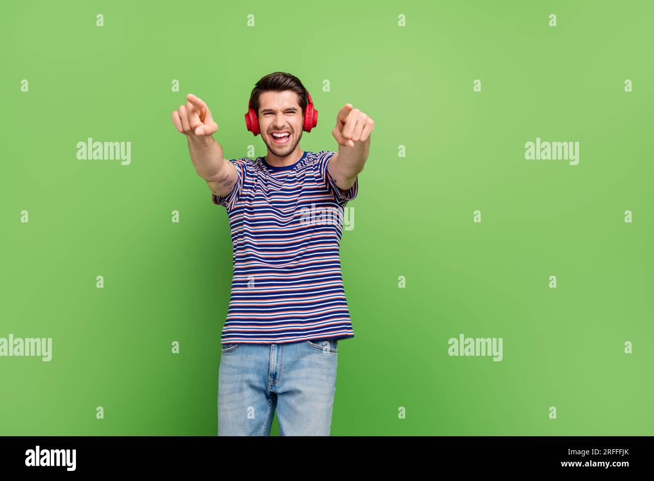 Photo of attractive guy dance cool direct fingers macho summer vibe ...