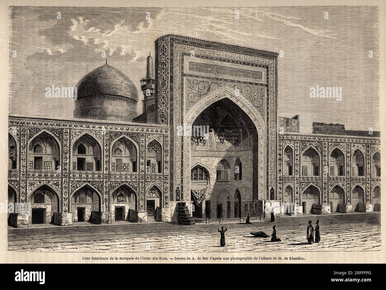 Cour interieure de la mosquee de l'imam Aly Riza a Meched, dessin de A ...
