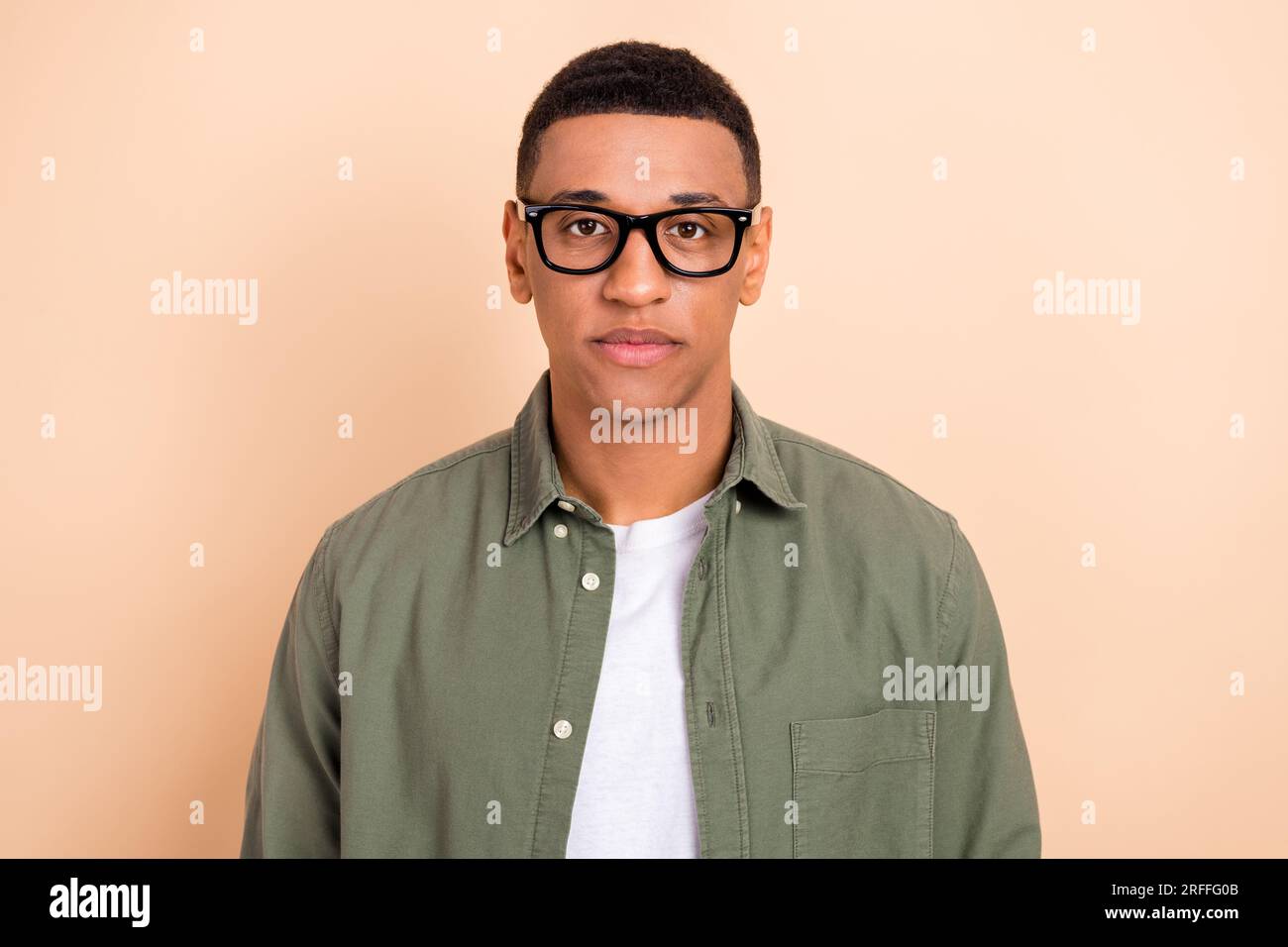 Photo of clever focused concentrated young person calm face eyeglasses ...