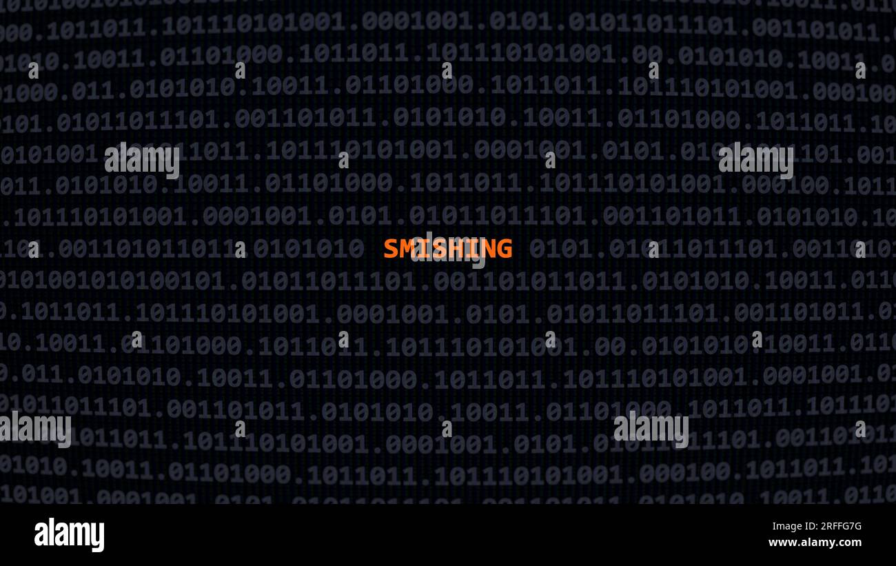 Cyber attack smishing. Vulnerability text in binary system ascii art style, code on editor ...