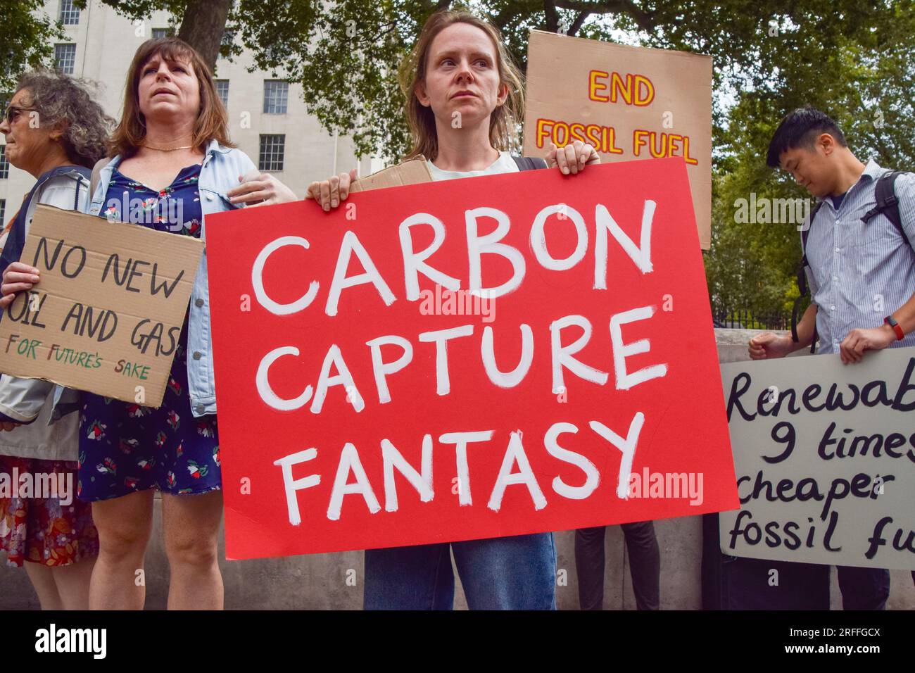London, UK. 3rd August 2023. Climate protesters gather outside Downing ...