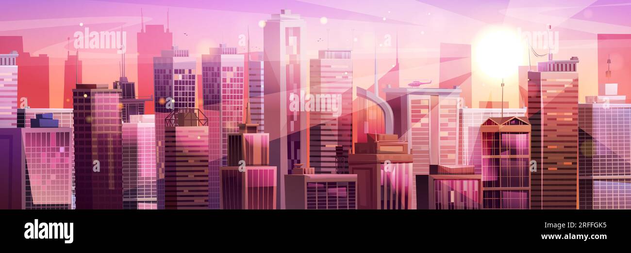 Pink sunset sky with cartoon cityscape vector background. Skyscraper ...