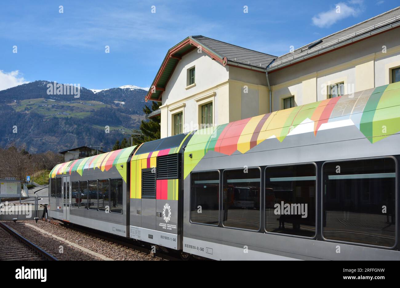 Trains of the South Tirol Transport System at the Mals terminal station ...