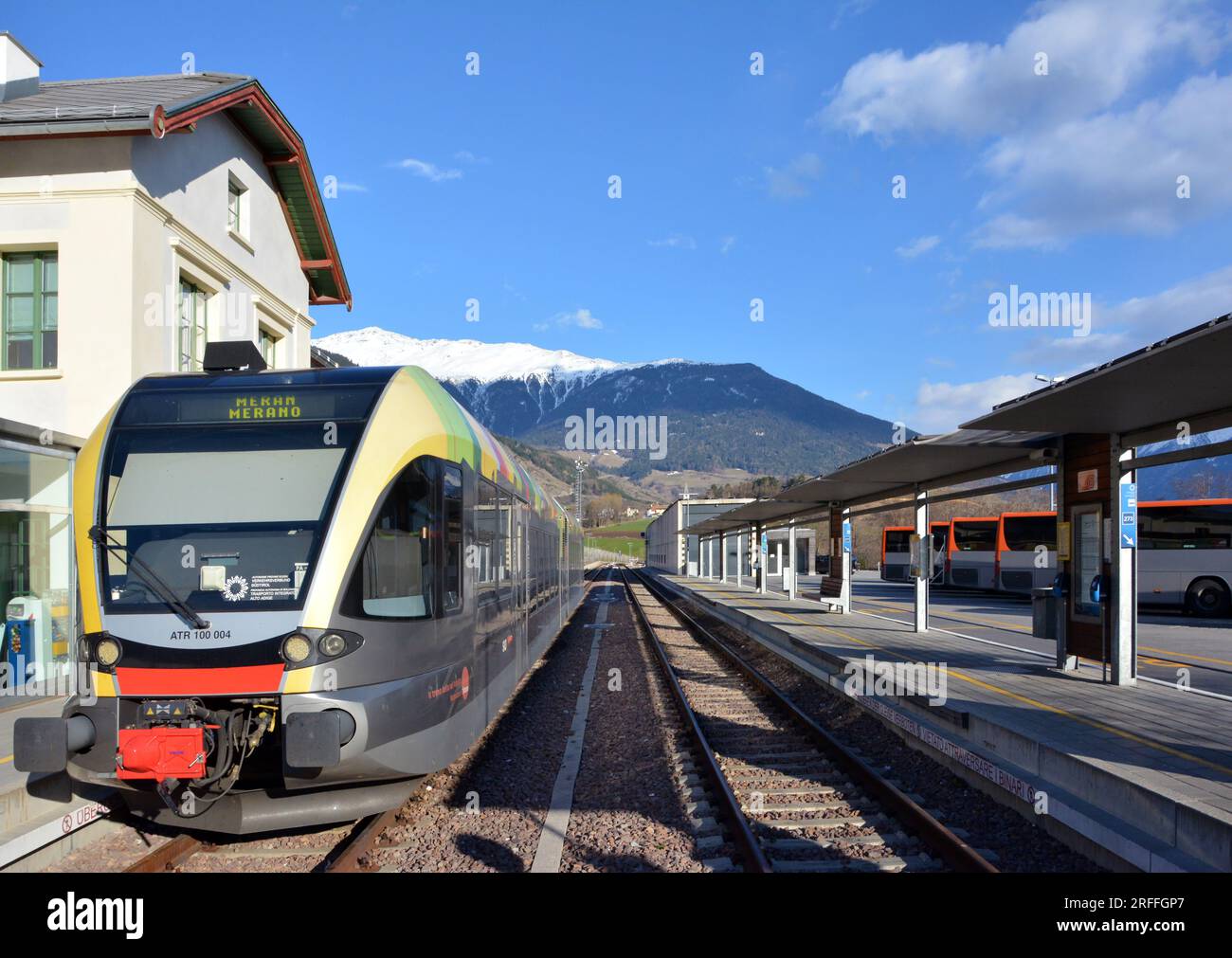 Trains of the South Tirol Transport System at the Mals terminal station ...