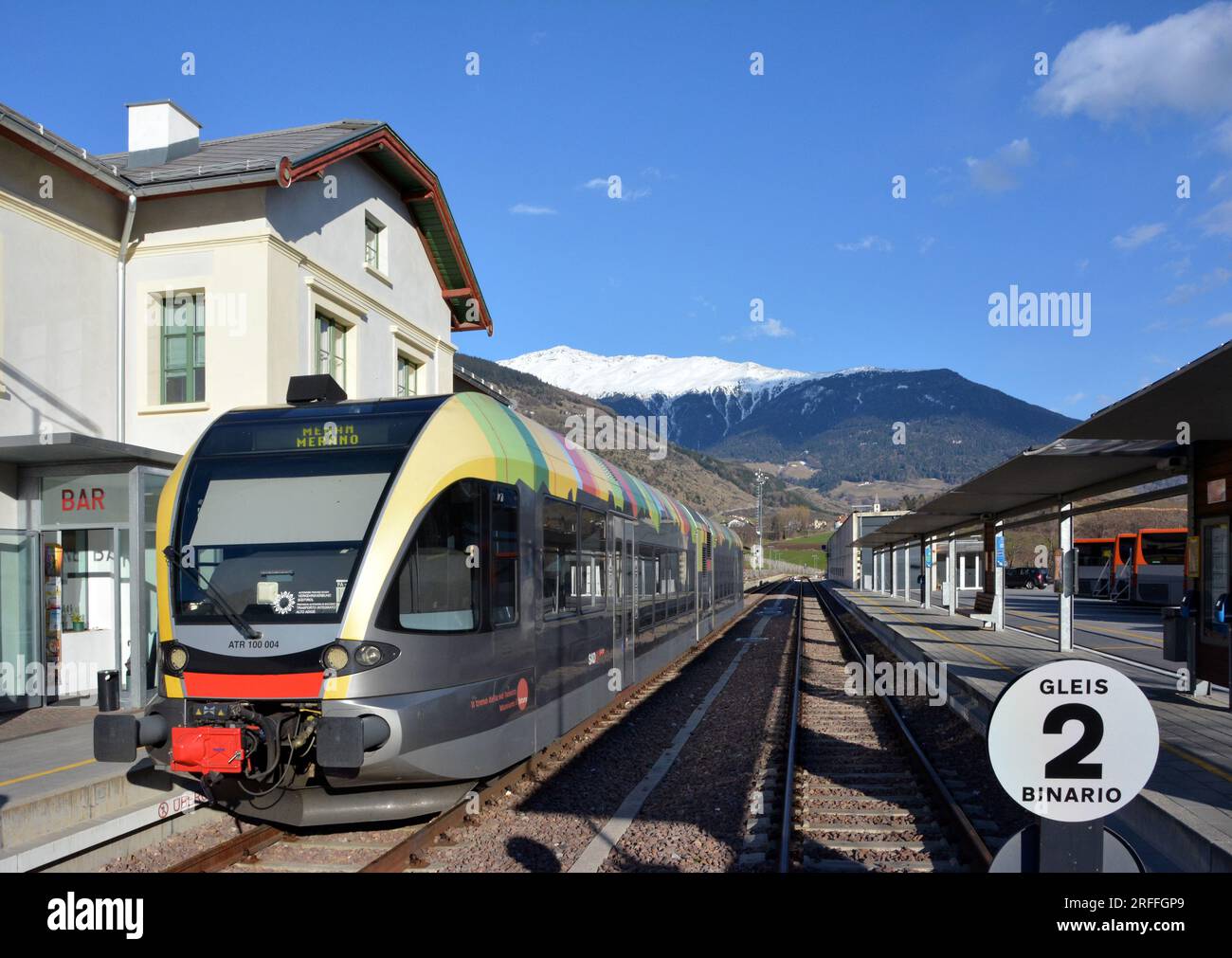 Trains of the South Tirol Transport System at the Mals terminal station ...