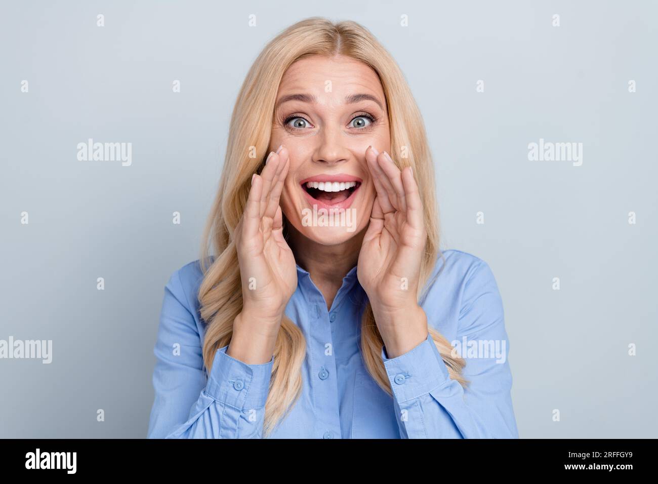 Closeup photo of screaming crazy business lady wear blue shirt hands ...