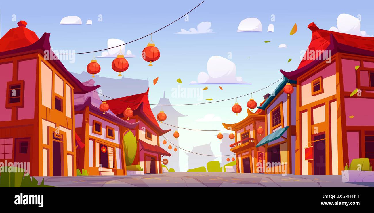 Asian town street with buildings along road. Vector cartoon ...