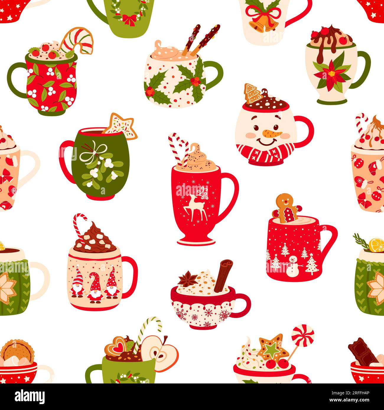 Christmas chocolate and eggnog drinks seamless pattern. Festive cups ...
