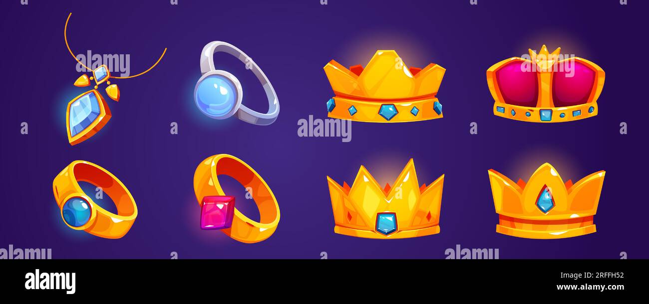 Game jewelry cartoon icon set. Bright glow golden and silver crowns ...