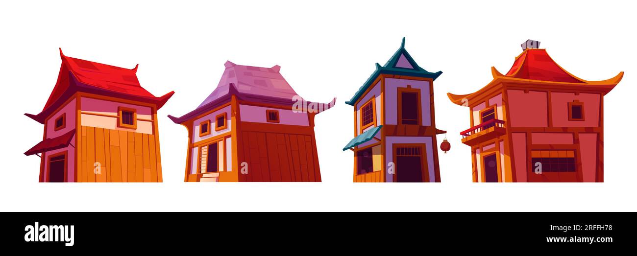 Exterior of Chinese houses in cartoon vector illustration set. Various ...