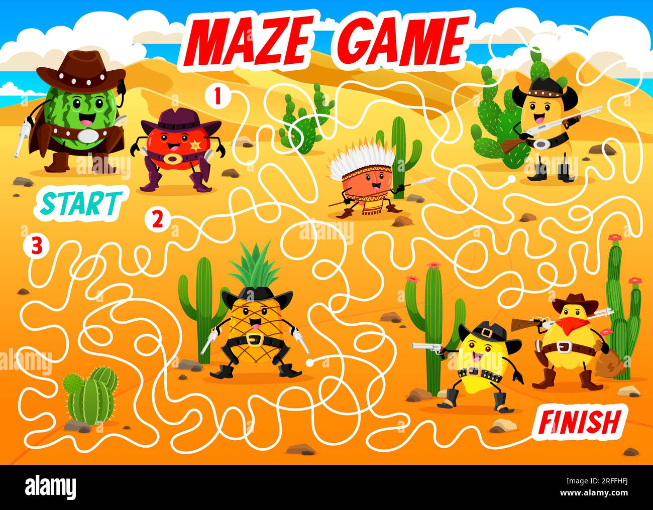 Labyrinth maze. Help cartoon Western fruit sheriff to find robbers in ...