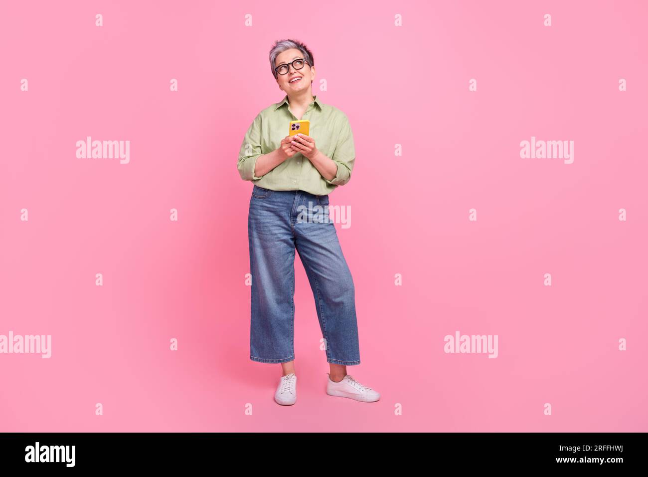 Full body photo of dreamy cute influencer elderly lady smart casual ...