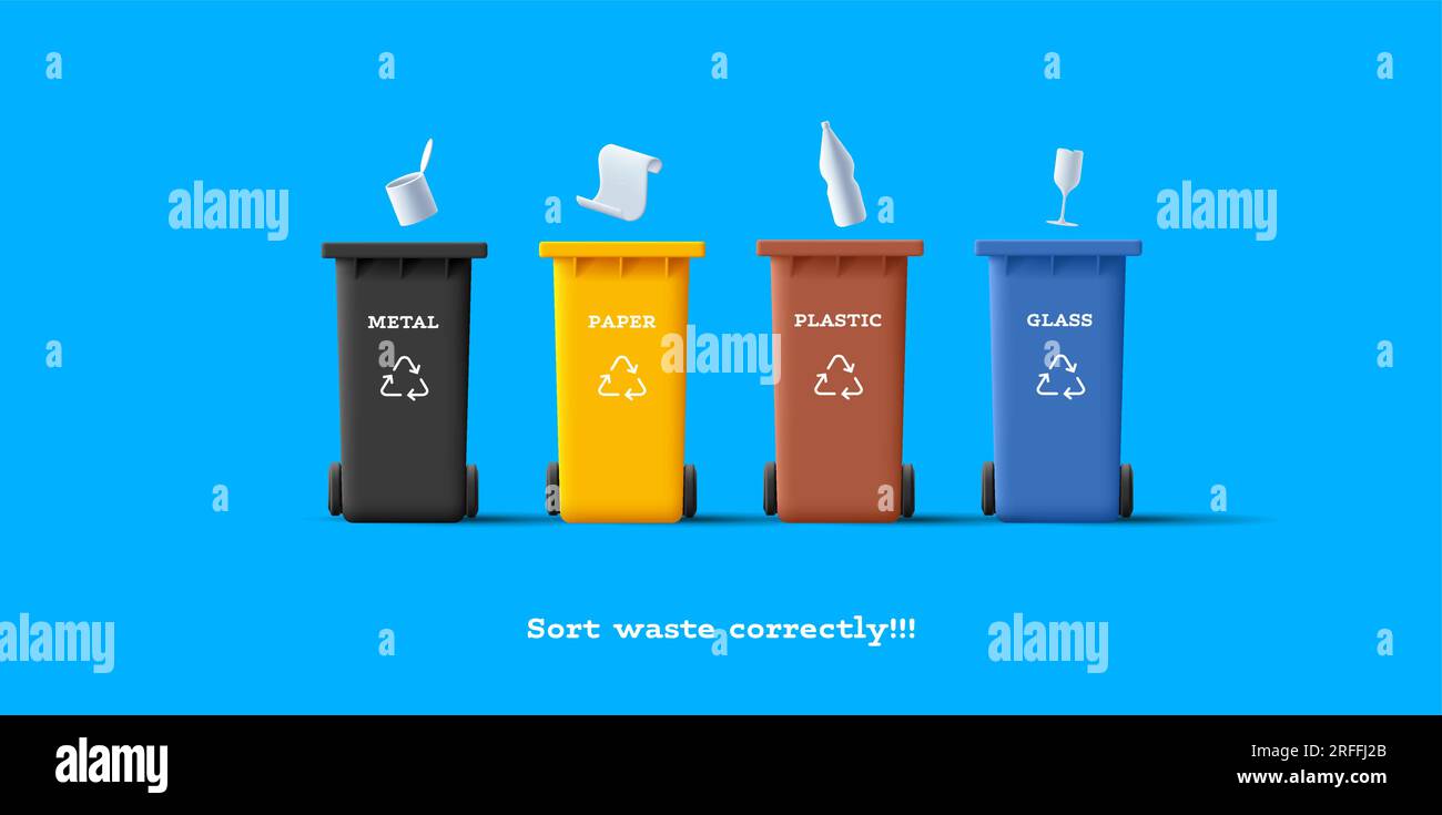 3d vector illustration icon set of recycle garbage bins in different ...