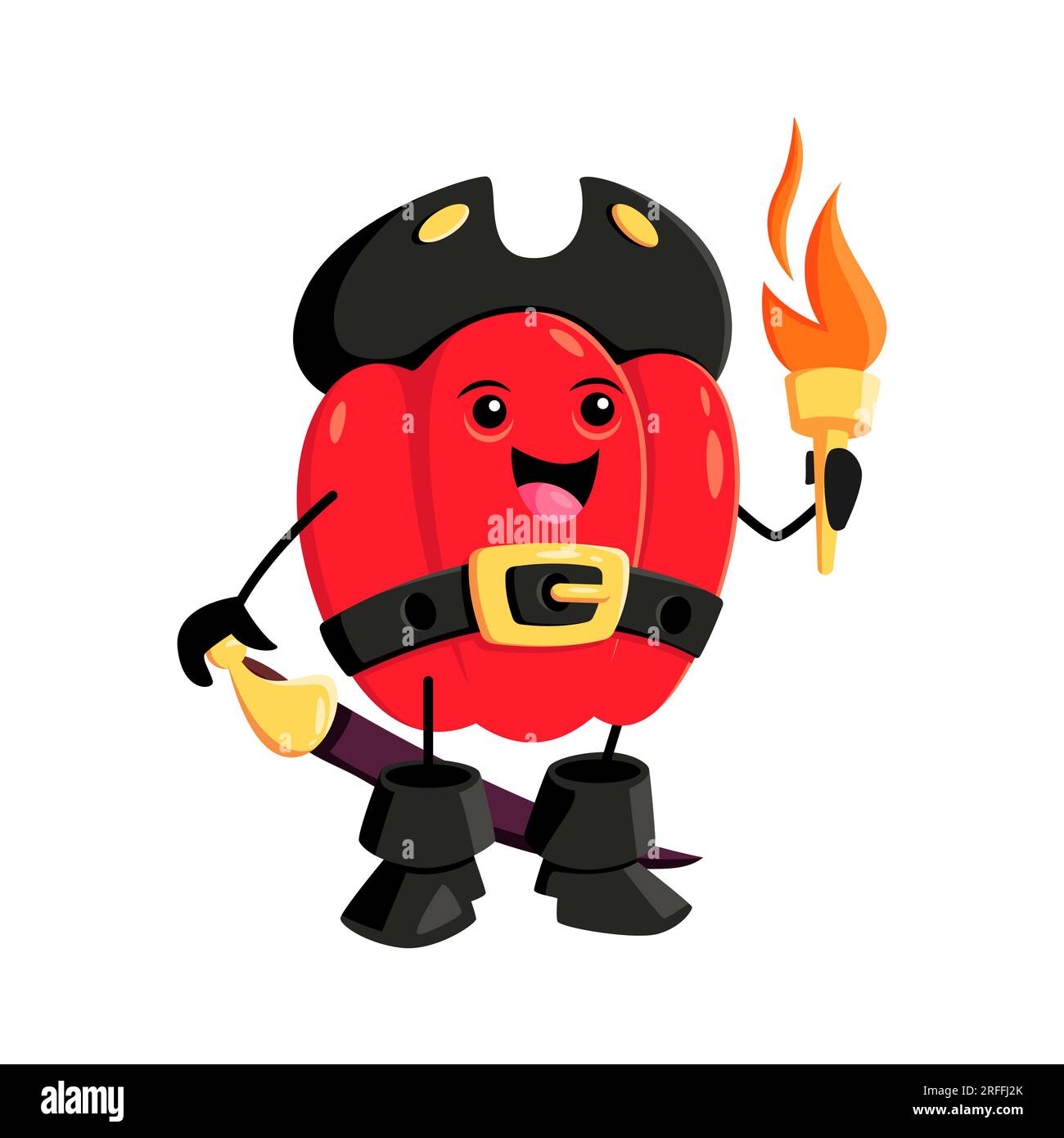Cartoon paprika pirate and corsair vegetable character holding a torch ...