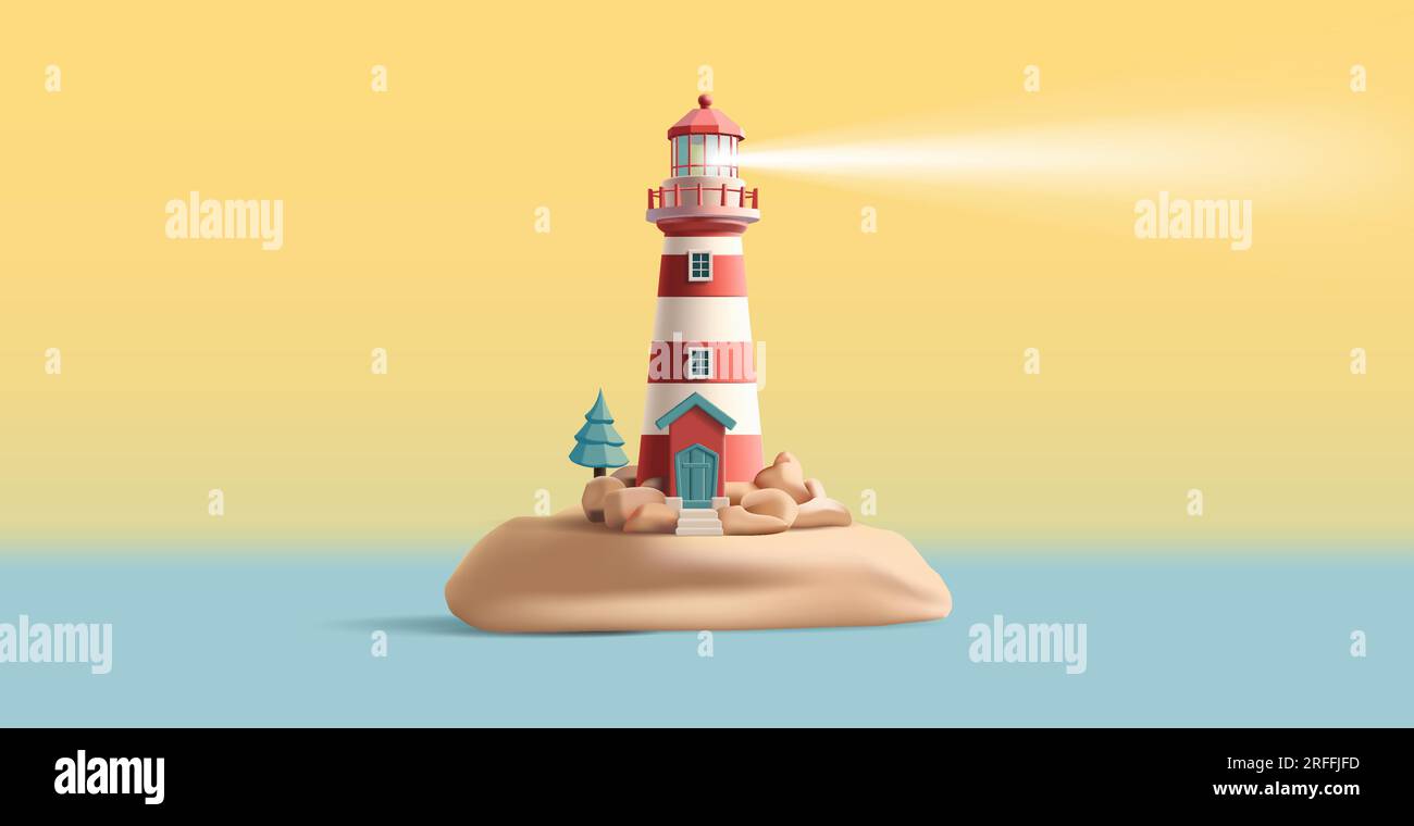 3d render illustration of a lighthouse on an island with beacon shining ...