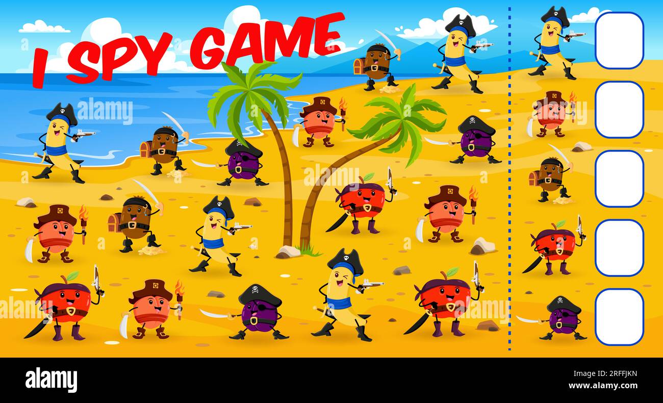 I spy game, cartoon fruit captain, pirates and corsairs characters ...