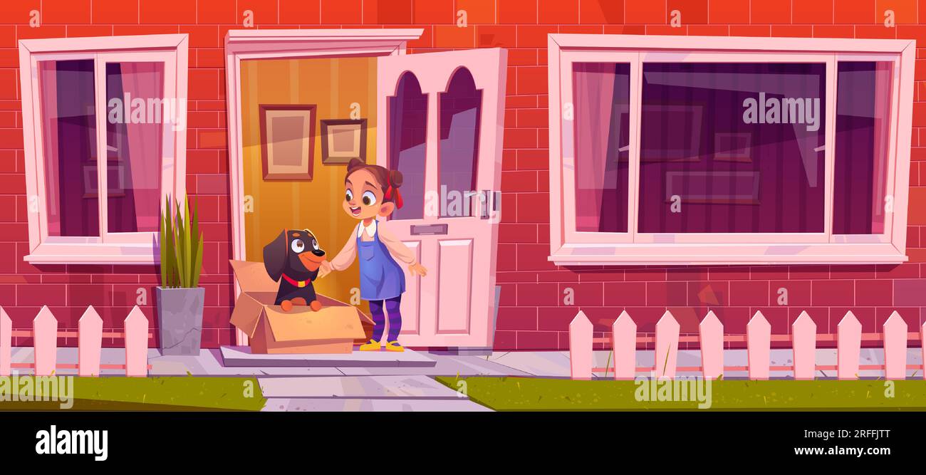 Child welcome dog in box at open house front door cartoon vector. Brick ...