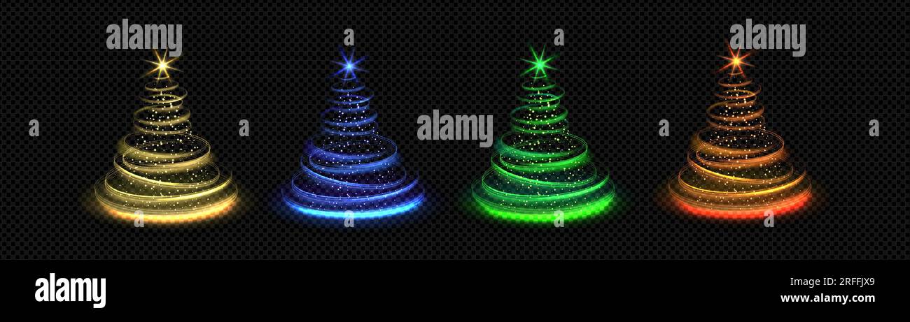 Christmas tree made of light path and sparkles with star on top. Realistic vector illustration ...