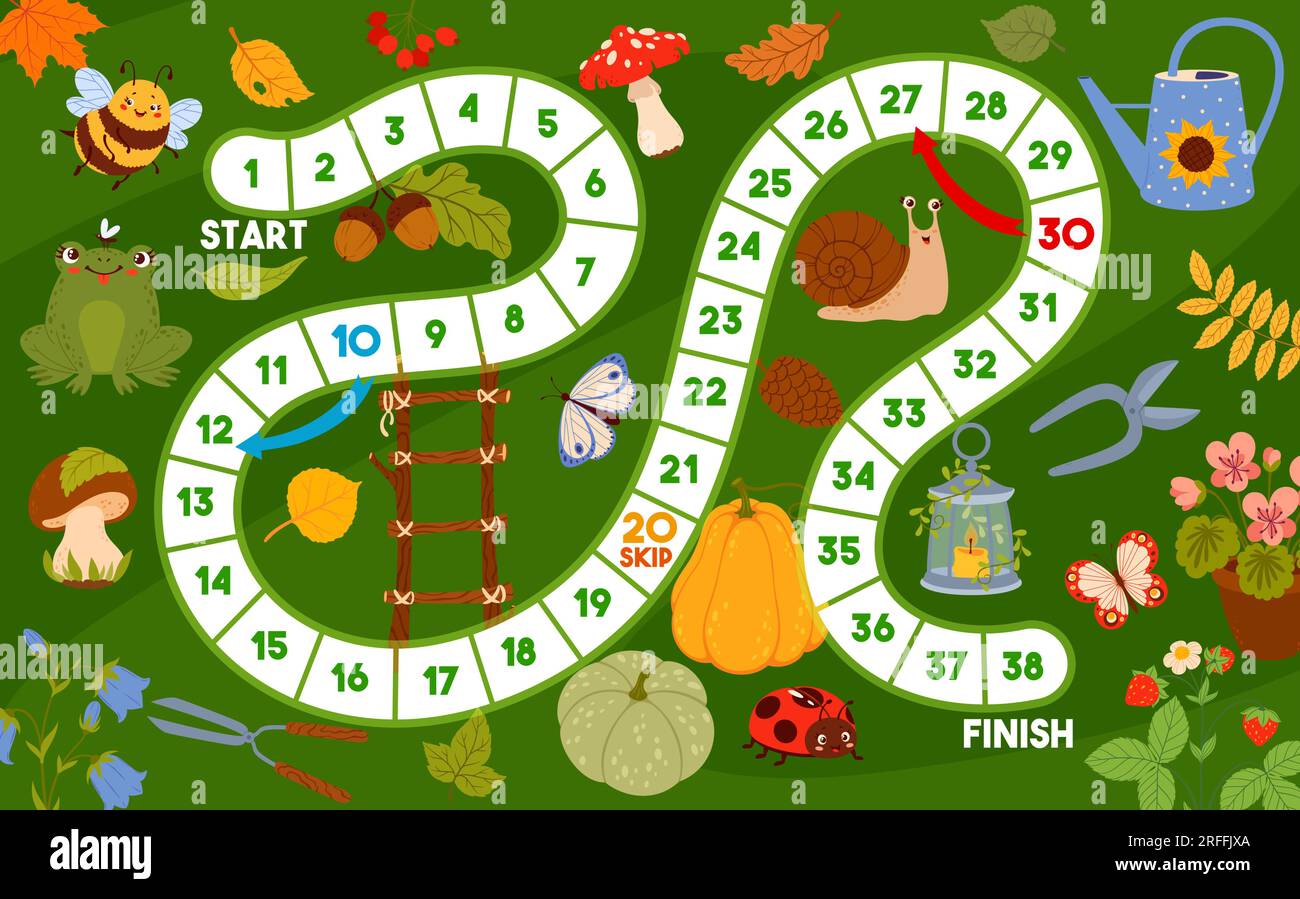 Board game with gnome items, autumn leaves and garden tools. Kids ...